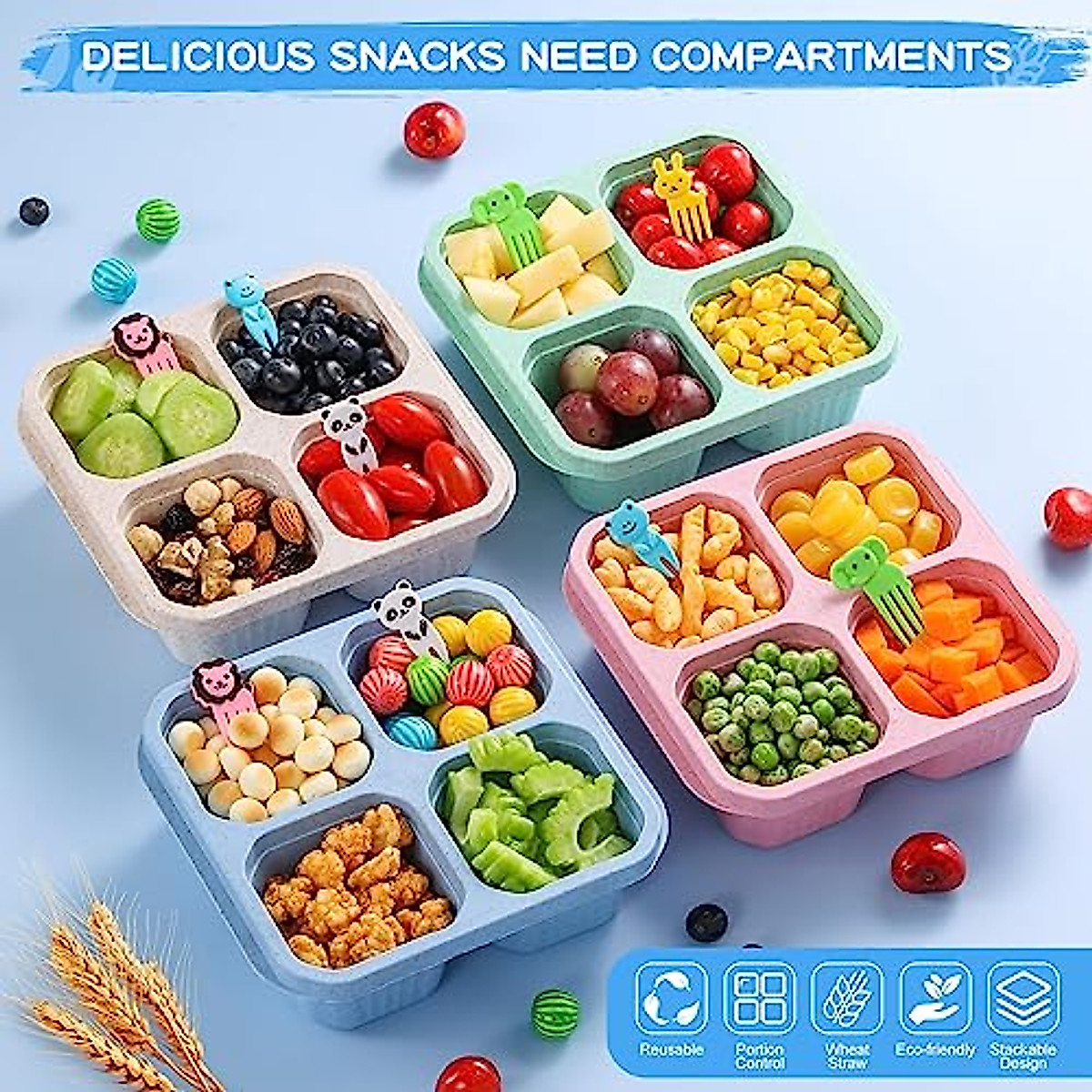 mzvcopm 4 Pack Snack Containers,Divided Bento Lunch Box with Transparent Lids, Reusable Meal Prep Lunch Containers for Kids and Adults,No BPA, 4 Compartment Food Storage Containers