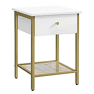 VASAGLE White Nightstand with Drawer, Bedside Table, End Table with Open Shelf, Modern Style for Bedroom, White and Gold ULET512A10