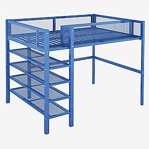 Bellemave Full Size Metal Loft Bed with 4-Tier Shelves and Storage, Loft Bed with Bookshelf (Blue)