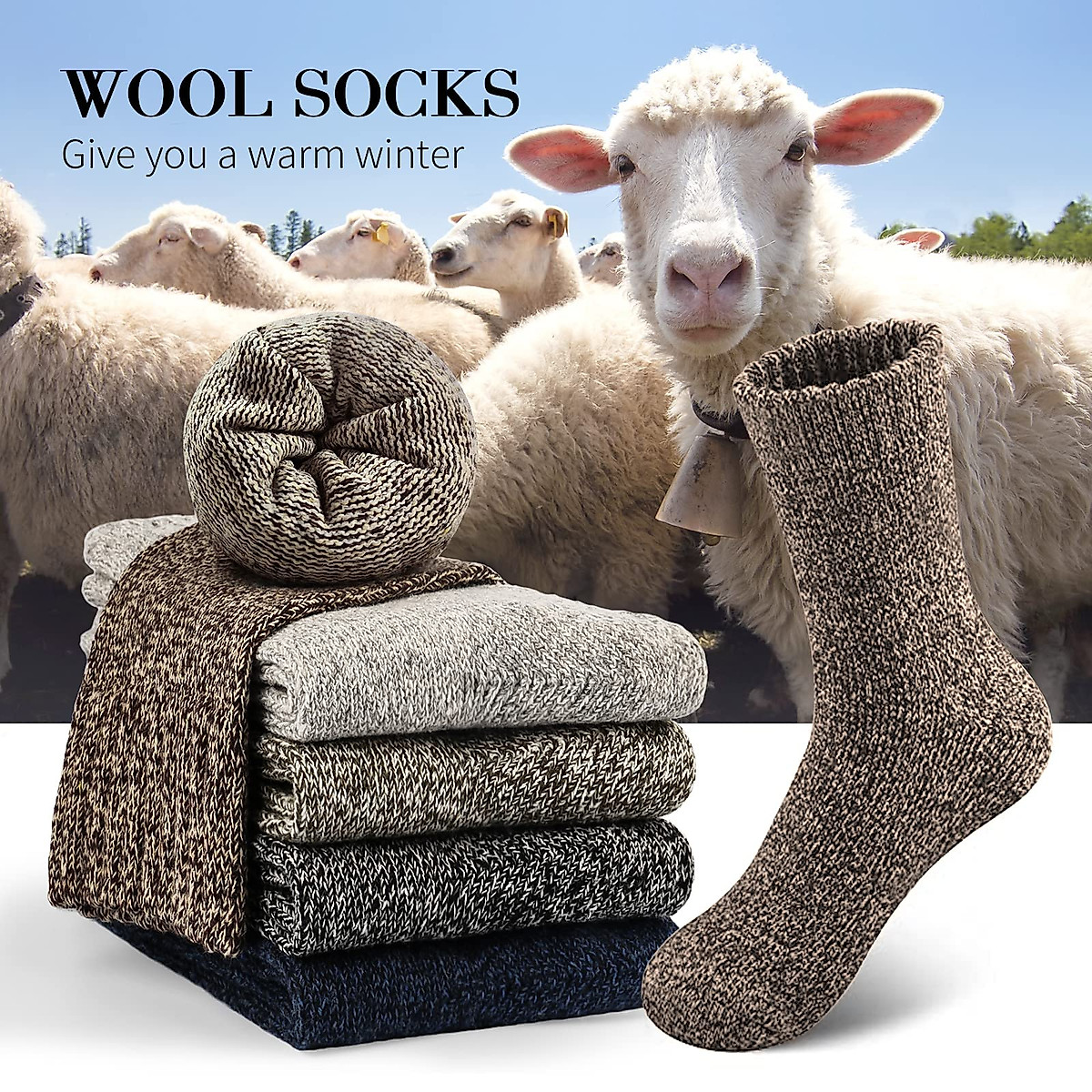 5 Pairs Wool Socks Mens, Warm Winter Socks, Soft Wool Hiking Socks, Casual Crew Socks for Men