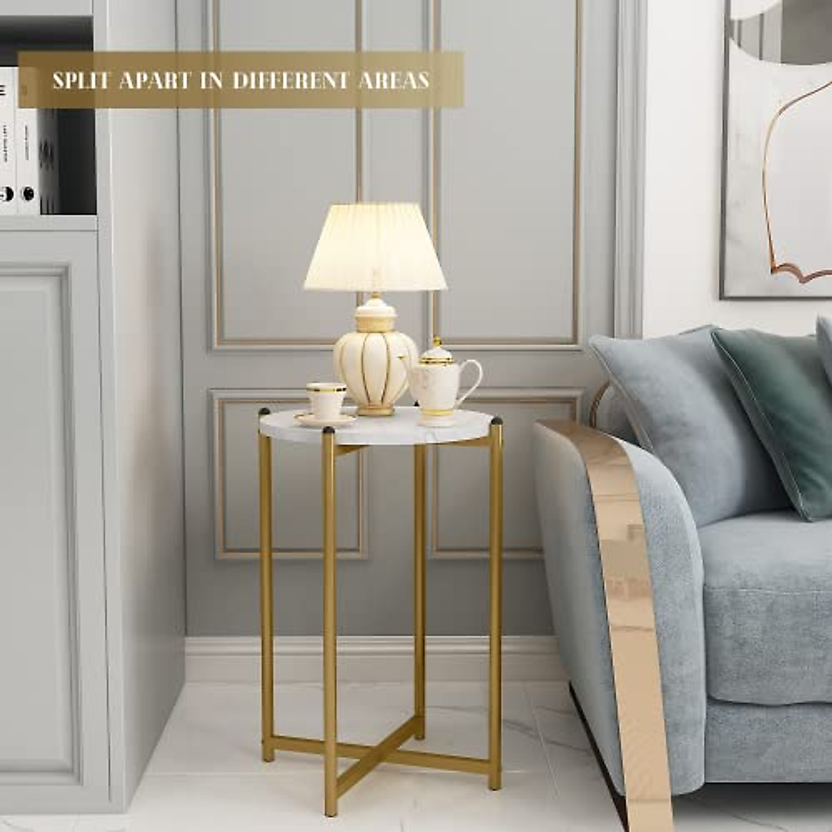 AWQM Faux Marble Coffee Table Set of 3, 1 Coffee Table & 2 Sofa Table, Round Tabletop and Metal Cross Base Frame,Perfect for Living Room Apartment, White & Gold