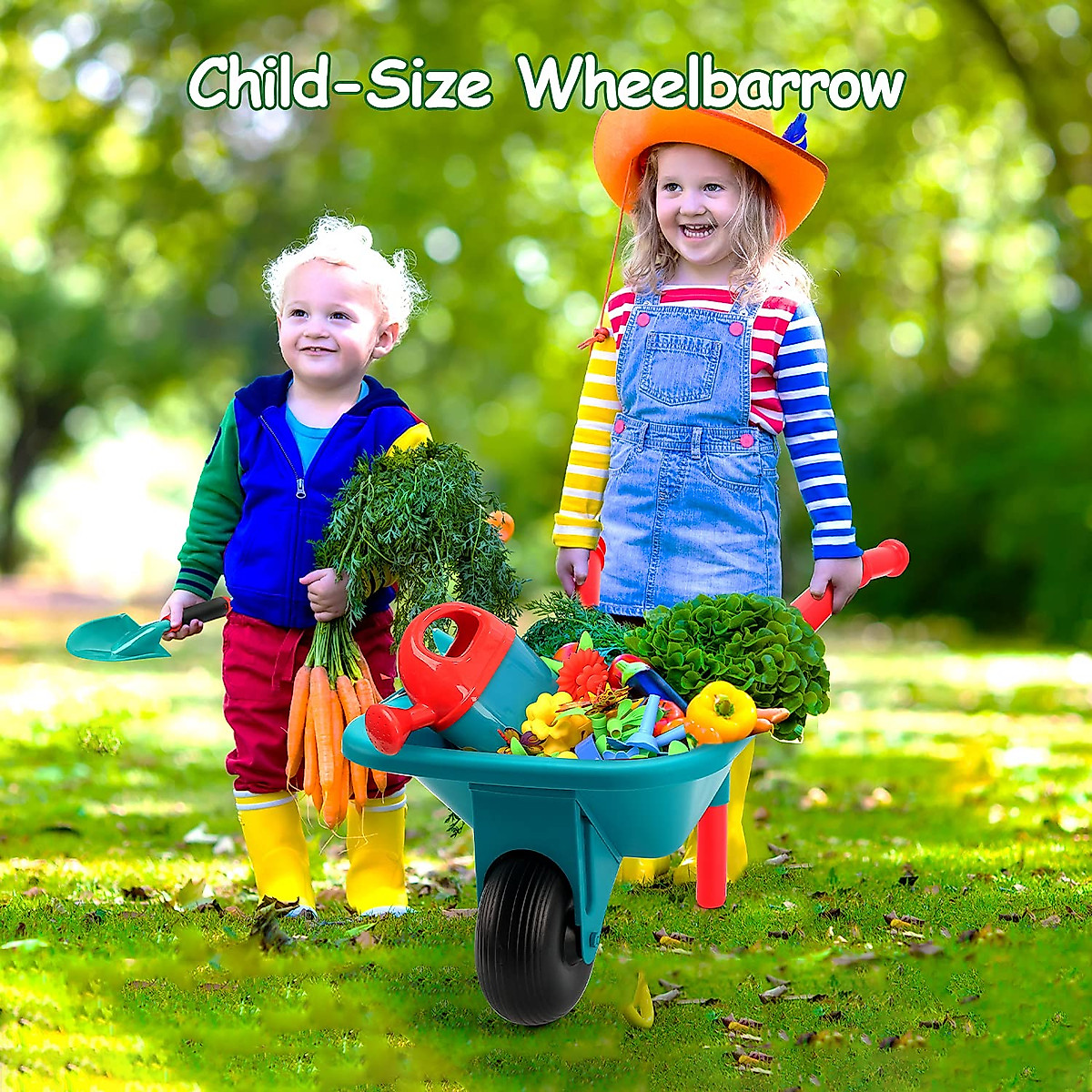 CUTE STONE Kids Gardening Tool Set, Garden Toys with Wheelbarrow, Watering Can, Shovel, Flower Garden Building Toy, Pretend Play Outdoor Indoor Toy, Activities Stem Toy Gifts for Boys Girls