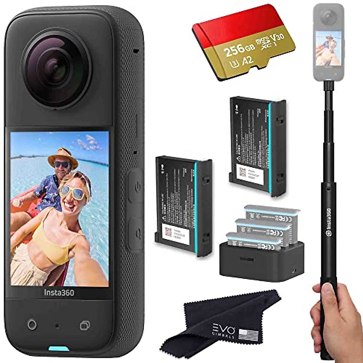Insta360 X3 - Waterproof 360 Action Camera Bundle Includes Extra 2 Batteries, Charger, Invisible Selfie Stick & 256GB Memory Card