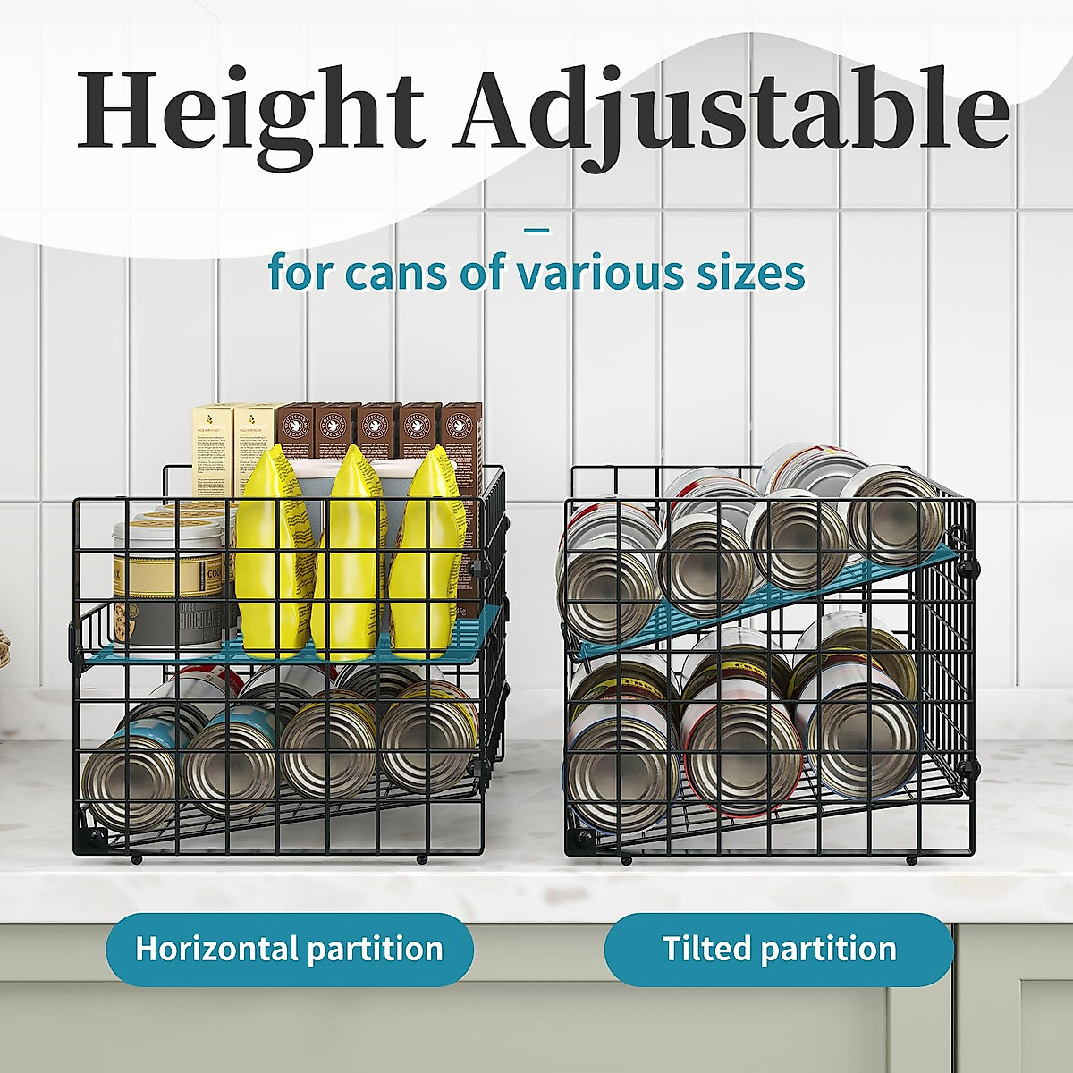 JKsmart Stackable Can Rack Organizer for Pantry 9" H, Adjustable Can Storage Holder for Various Ounces of Canned food Soda Drinks, Can Dispenser for Kitchen Cupboard Cabinet, 2 Tier, 2 Pack