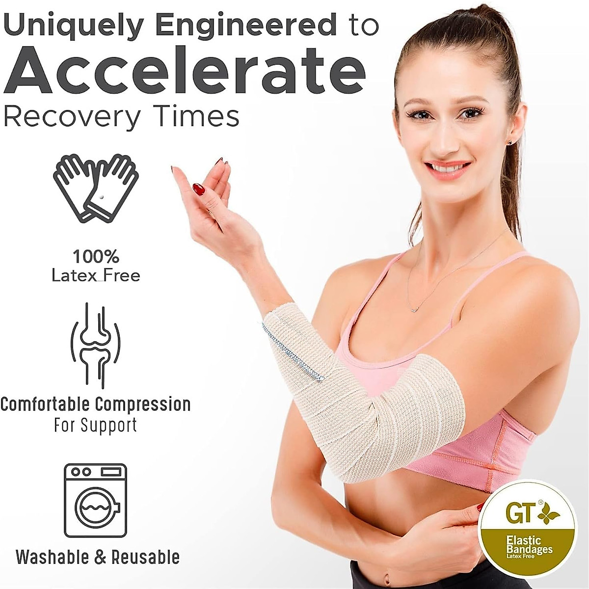 Premium Elastic Bandage Wrap (4" Wide, 12 Pack) - Made of USA Grown Organic Cotton - Hook & Loop Fasteners at Both Ends - GT Latex Free Hypoallergenic Compression Roll for Sprains & Injuries