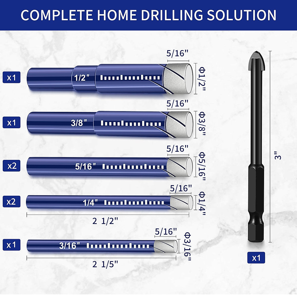 Ouraqto 8 Pcs Diamond Drill Bit Set Hole Drill Bits for Ceramic,Glass,Porcelain,Marble,Granite & More Hard Materials,Versatile Tools Tile Drill Bits for Efficient,Precise Drilling,Blue