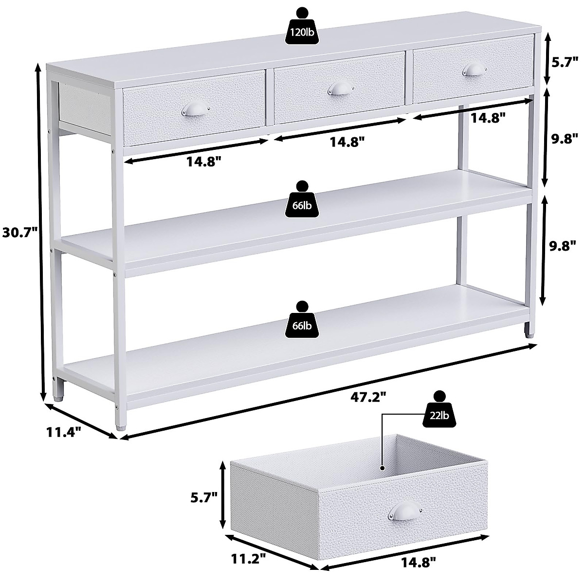 White Long 47" Console Sofa Table with 3 Drawers, Entryway Table with 3-Tier Storage Shelves, Display Shelf for Entry Way, Hallway, Couch, Living Room, Kitchen, Foyer