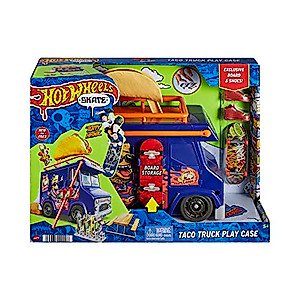 Hot Wheels Skate Taco Truck Play Case, Portable Fingerboard Skate Set with 1 Exclusive Board, 1 Pair of Removable Skate Shoes & Storage