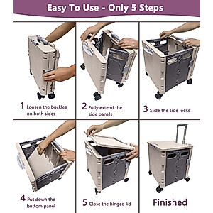 Kutatek Foldable Utility Cart, Collapsible Rolling Crate, 4 Universal Wheels with Two Brakes, Never-Lost Hinged Lid, Telescopic Handle for Home, Grocery, Office, School, Camping use (Beige, 2.3 Cu Ft)