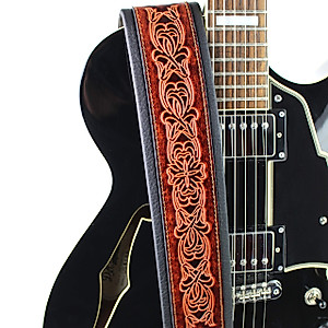 Walker And Williams GB-22 Bourbon Brown Padded Guitar Strap with Fleur De Lis & French Chain Design For Acoustic, Electric, And Bass Guitars