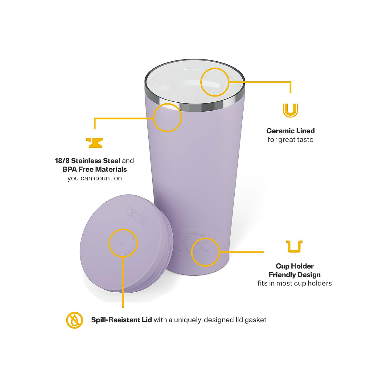 RTIC 20oz Everyday Tumbler Insulated Stainless Steel Portable Travel Coffee Cup with Straw, Spill-Resistant Lid, BPA-Free, Hot and Cold Drink, Ceramic Lining, Dusty Lilac