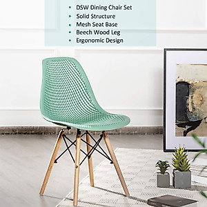 KOTEK Set of 4 Dining Chairs, DSW Molded Shell Plastic Side Chairs with Mesh Design, Solid Wood Legs, Mid-Century Modern Armless Side Chairs for Kitchen, Dining Room, Living Room (Green)