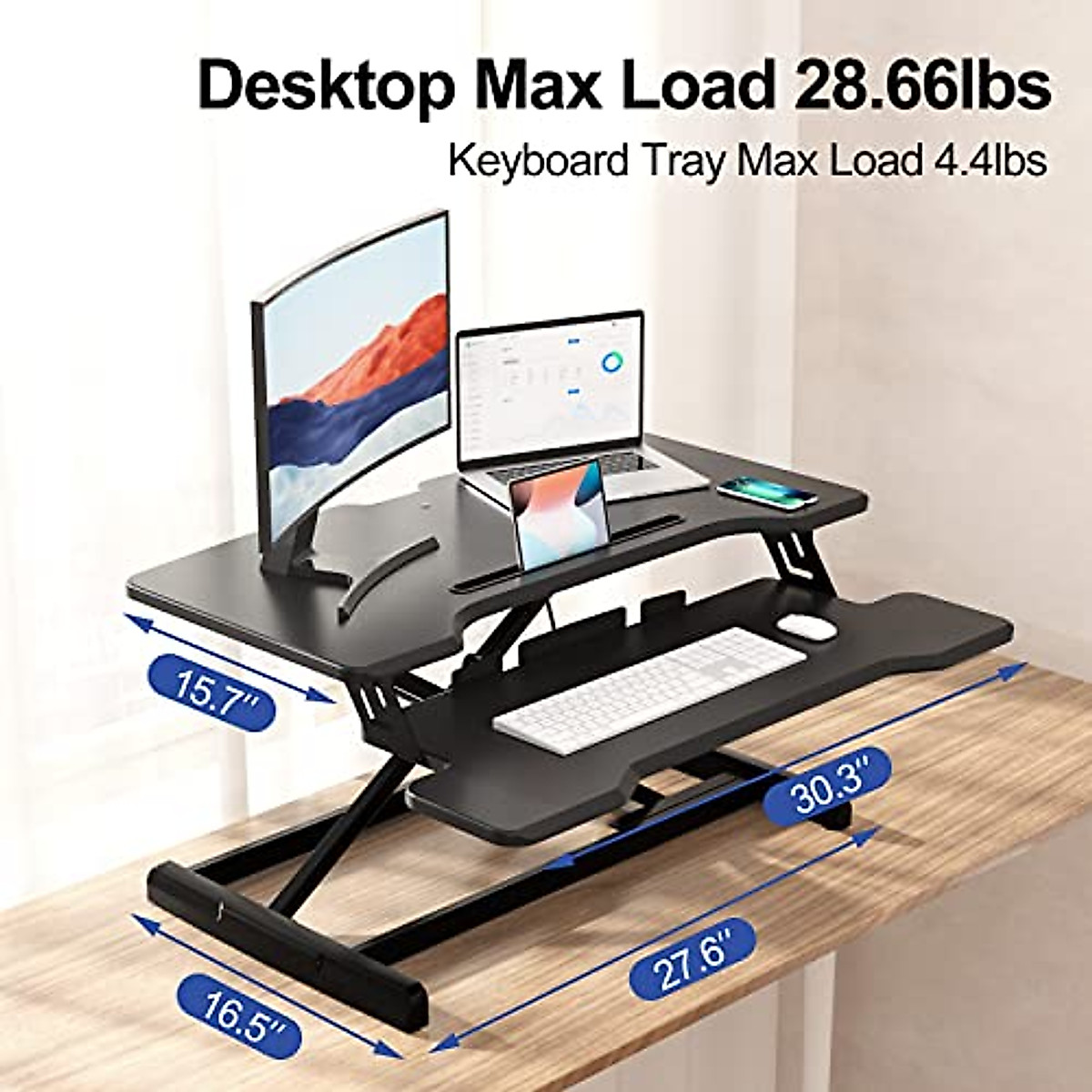 Joy Seeker Standing Desk Converter 30 Inches Stand up Desk Riser, Height Adjustable Dual Tier Sit Stand Tabletop Monitor Riser Workstation for Home Office with Deep Keyboard Tray for Laptop