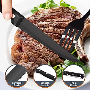 48-Piece Black Silverware Set for 8, Stainless Steel Flatware Cutlery Set with Steak Knives, Stain Finish Kitchen Utensil Tableware Set, Includes Spoons Forks Knives for Home Hotel, Dishwasher Safe