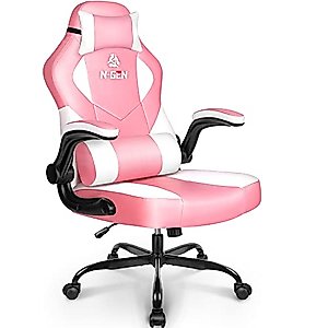 N-GEN Gaming Chair Ergonomic Office Chair PC Desk Chair with Lumbar Support Flip Up Arms Levelled Seat Style Headrest PU Leather Executive High Back Computer Chair for Adults Women Men (4. Peach Pink)