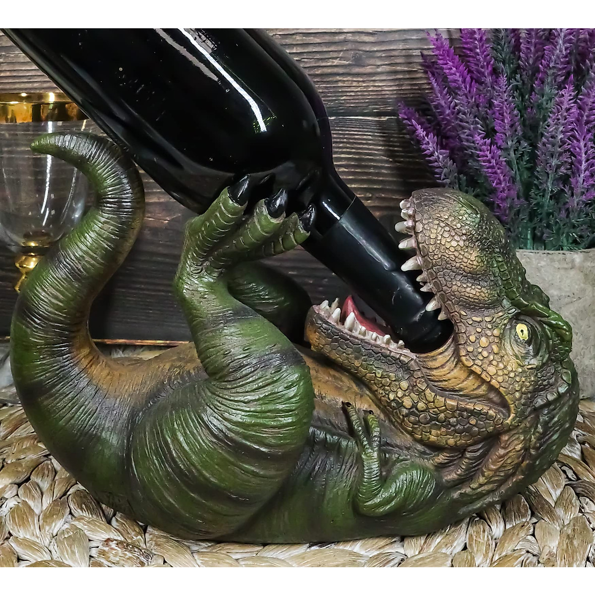 Ebros Dino Wino Prehistoric Dinosaur Thirsty T-Rex Wine Bottle Holder 9.25" Long Caddy Figurine Jurassic Era Trex Statue Kitchen and Dining Decor Party Hosting Prop Tyrannosaurus Rex Dinosaurs