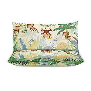 GDSCCLGX Funny Tropical Jungle Monkey Duvet Cover Set Full Size,Modern Forest Green Leaf Palm Leaf Floral Bedding Sets 3 Pieces(1 Duvet Cover+2 Pillowcases)