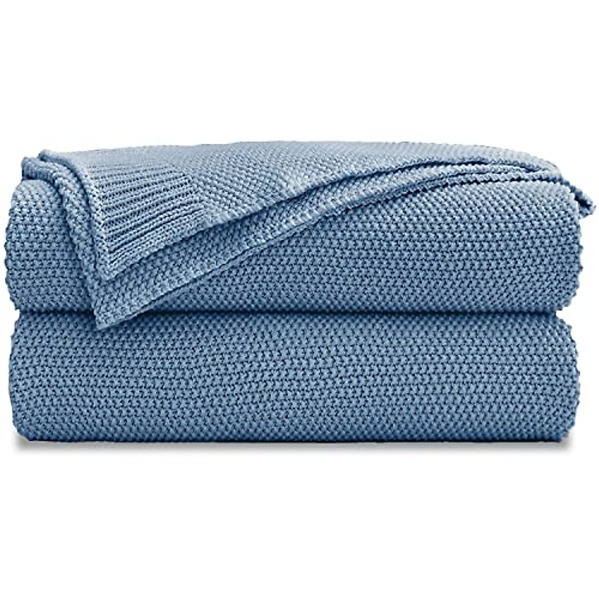 Queenshin 100% Cotton Cozy Cable Knit Throw, Lightweight Fluffy Snuggle Bed Sofa Decorative Knitted Blanket 50 * 60 Inch, Blue