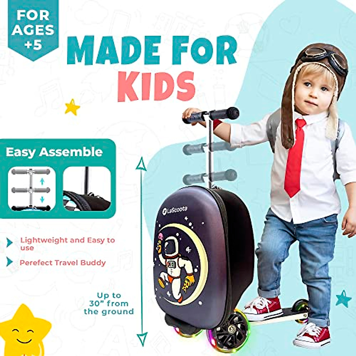 LaScoota Scooter Suitcase, Foldable Scooter Luggage For Kids - Lightweight Kids Ride on Luggage Scooter with Wheels, LED Lights - Ice Cream Graphic Suitcase Scooter, Ride On Suitcase for Kids Ages 4-8