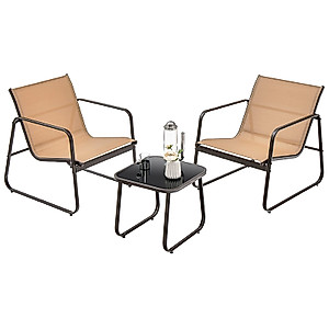 Tangkula 3 Pieces Patio Conversation Set, Outdoor Metal Chair & Table Set, Breathable Fabric & Tempered Glass Tabletop, Metal Frame Furniture Set for Backyard, Poolside