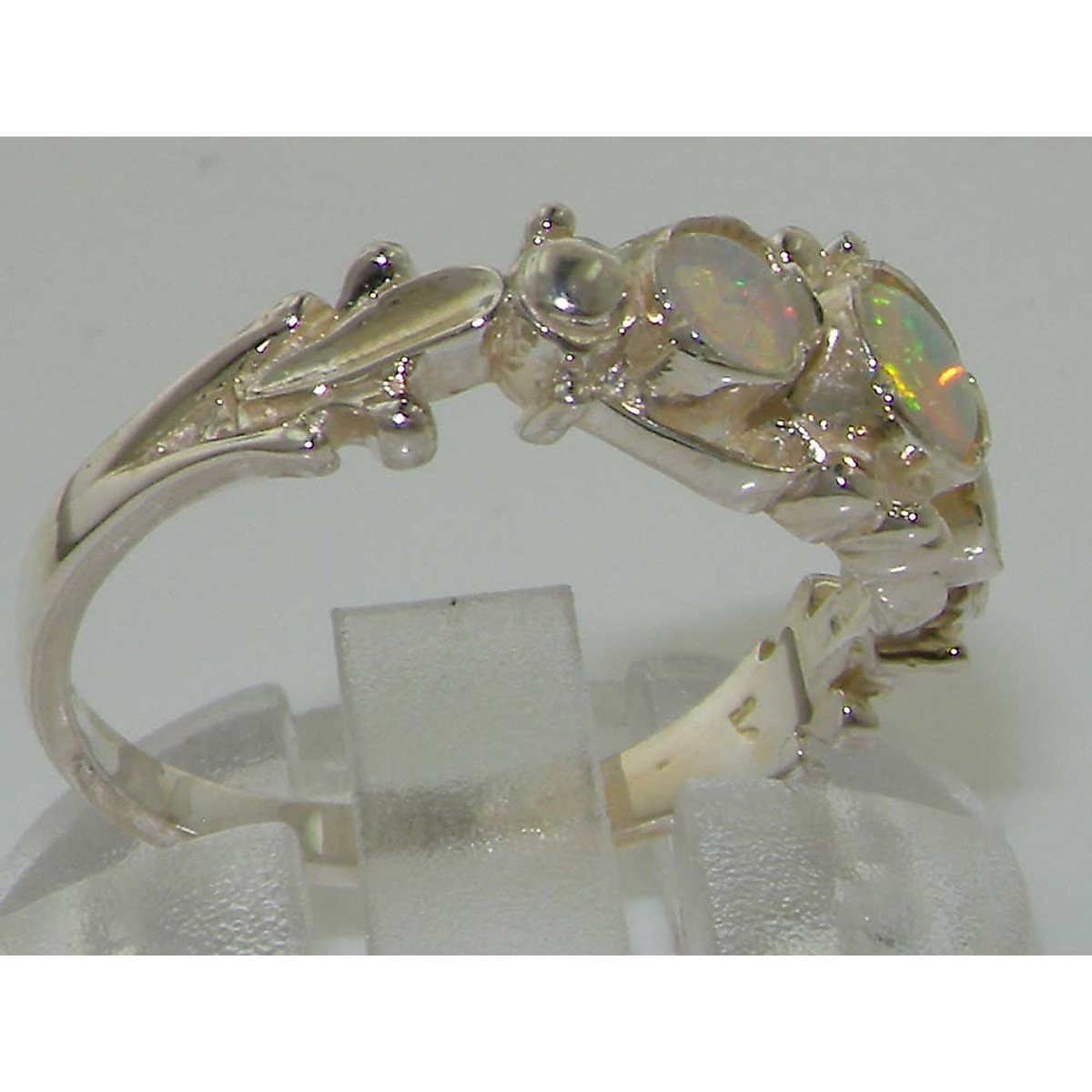 925 Sterling Silver Real Genuine Opal Womens Trilogy Ring - Size 11