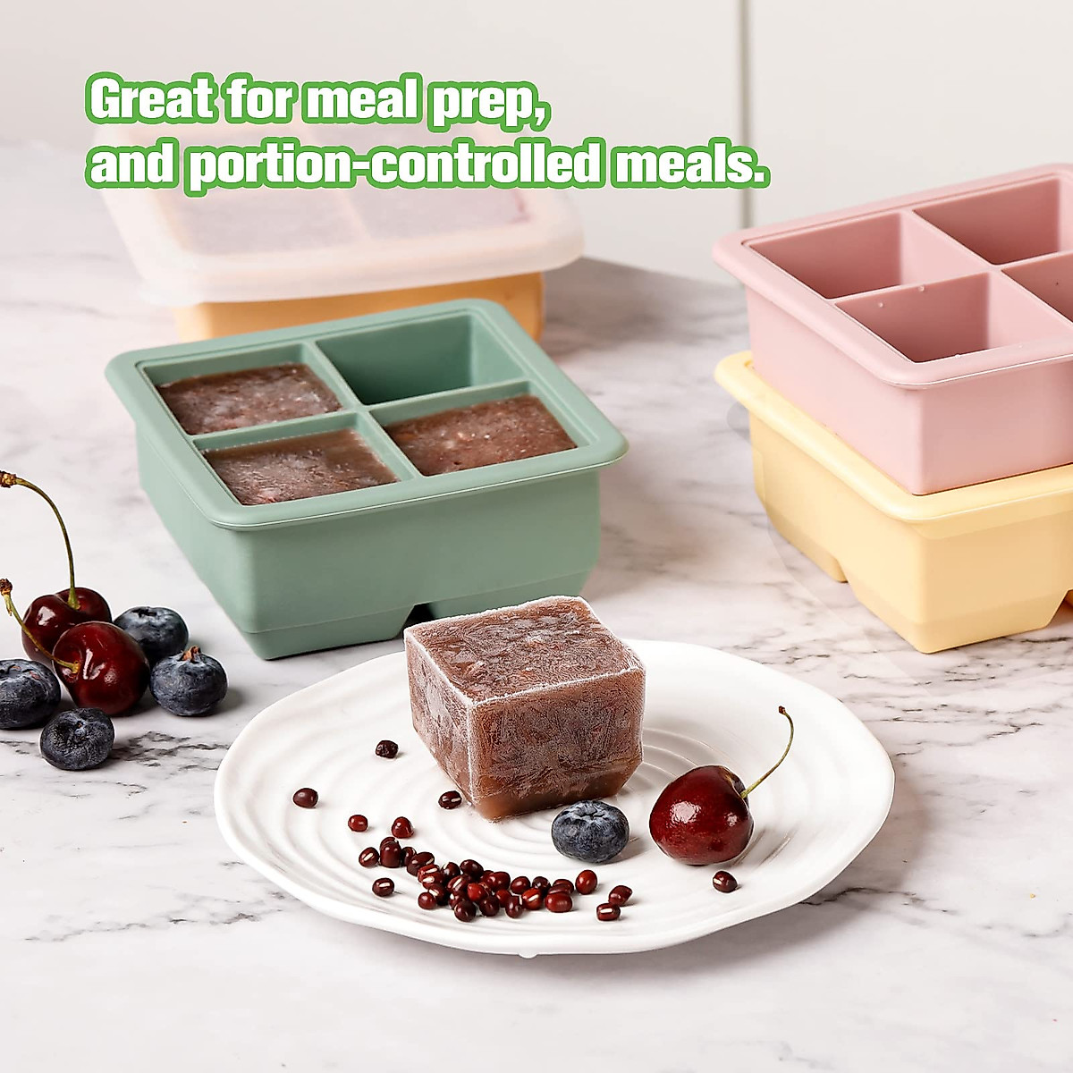 haakaa Silicone Baby Food Freezer Tray with Clip-on Lid,Baby Blocks Food Storage Containers for Homemade Baby Food, Baby Food Baking Mold,4 Compartment,Green