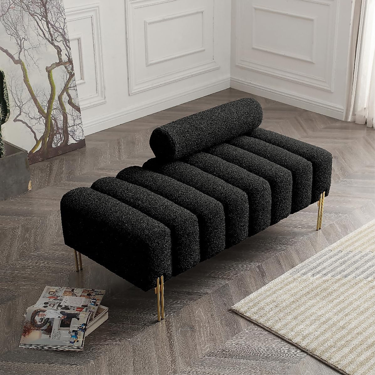 FUQIAOTEC 53" Modern Loveseat Sofa Couch, Sherpa Upholstered Accent Sofa with Adjustable Backrest, Small Space End of Bed Bench Sofa Stool for Bedroom/Apartment/Office (Black)