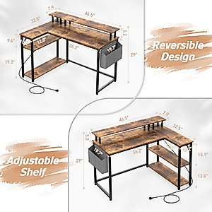 Mr IRONSTONE L Shaped Desk with Power Outlets & LED Lights, Computer Desk with Long Monitor Stand, 47 Inch Office Desk, Corner Desk for Small Space, Home Office Desk, Rustic Brown
