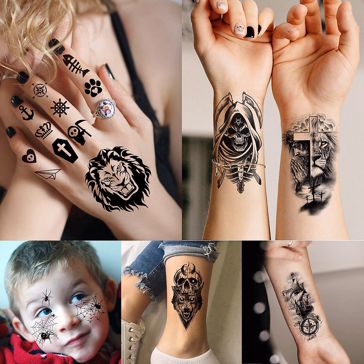 67 Sheets 3D Black Tribal Realistic Temporary Tattoos for Men Women Adults - Tiger Lion Gladiator Temp Skull Fake Half Arm Sleeve Tattoos Sticker