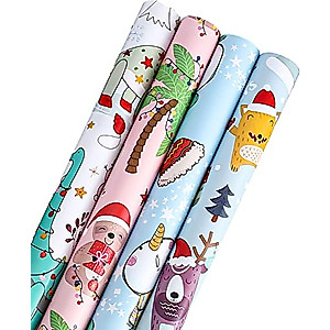 AUCLAY Christmas Wrapping Paper Rolls for Kids Holiday Gift Wrap - Cute Styles Included Dinosaur, Snowman, Santa Animals, Alpaca and Sloth - Pack of 4, 23.6 Inch X 8 Feet per Roll