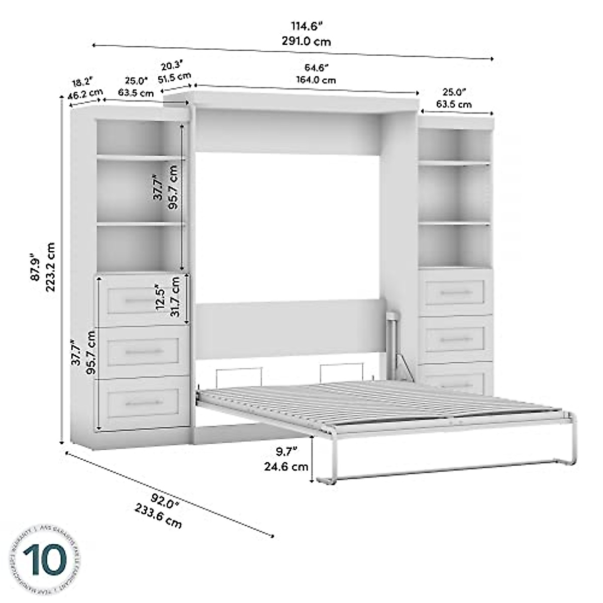 Bestar Pur Queen Murphy Bed and 2 Shelving Units with Drawers, 115-inch Space-Saving Sleeping Arrangement in Linen White Oak