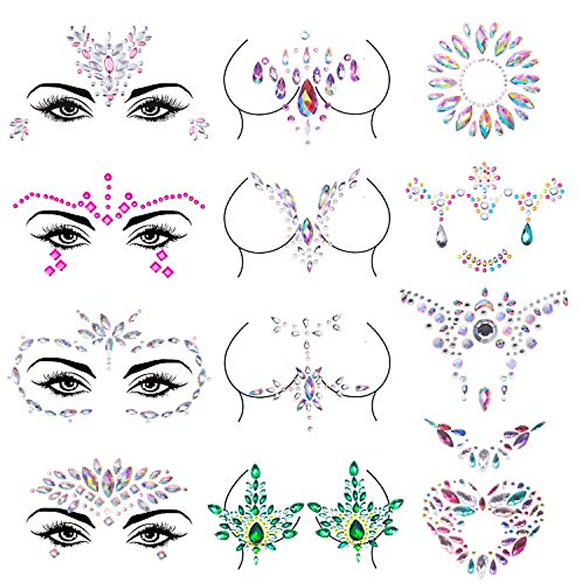 Duufin 12 Sets Face Jewels Sticker Body Gems Mermaid Face Gems Belly Crystal Tears Gems Rhinstone Face Jewel for Rave Festival Party