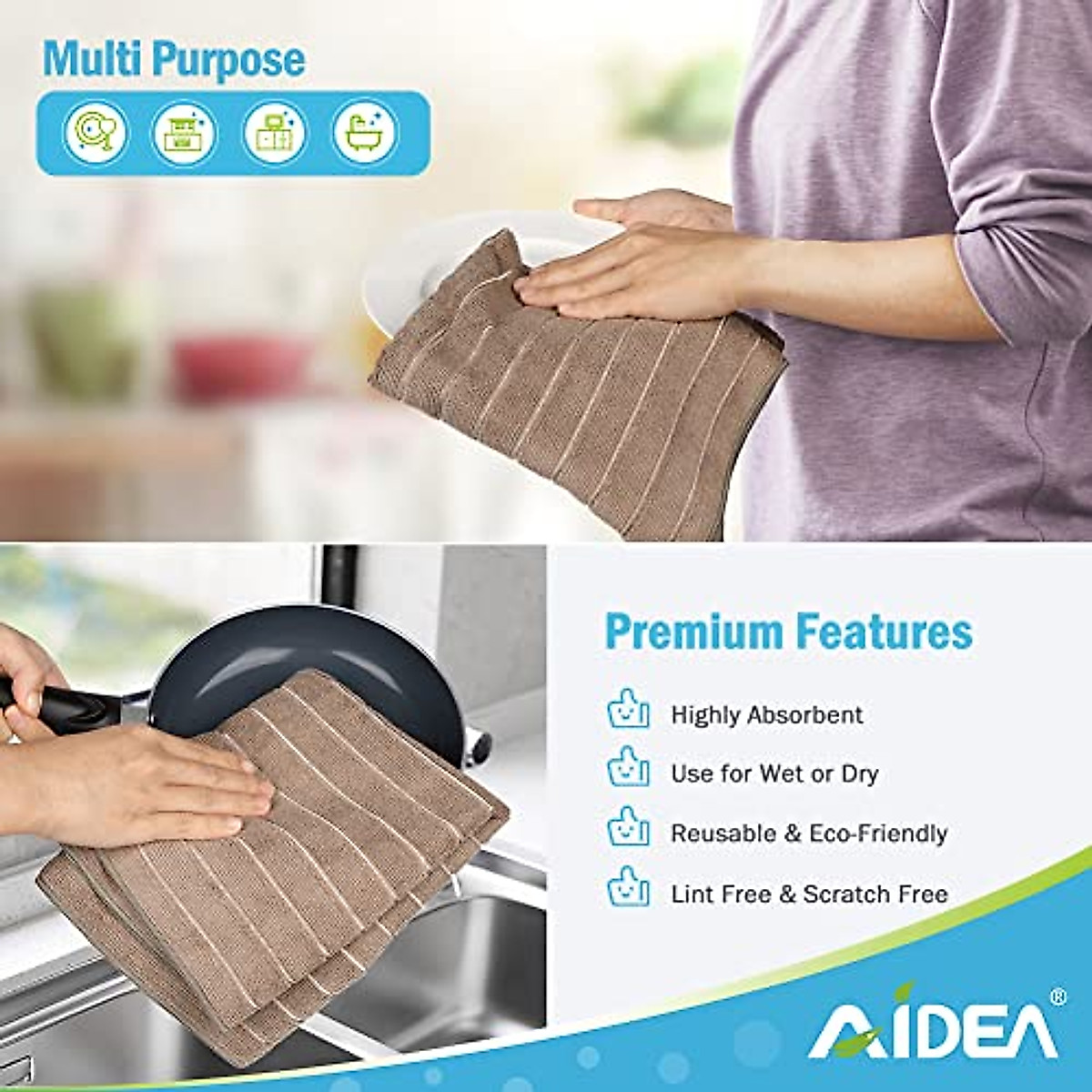 AIDEA Microfiber Kitchen Towels-8 Pack, 18"x26", Super Absorbent, Multi-Purpose Dish Towels for Home, Kitchen-Brown