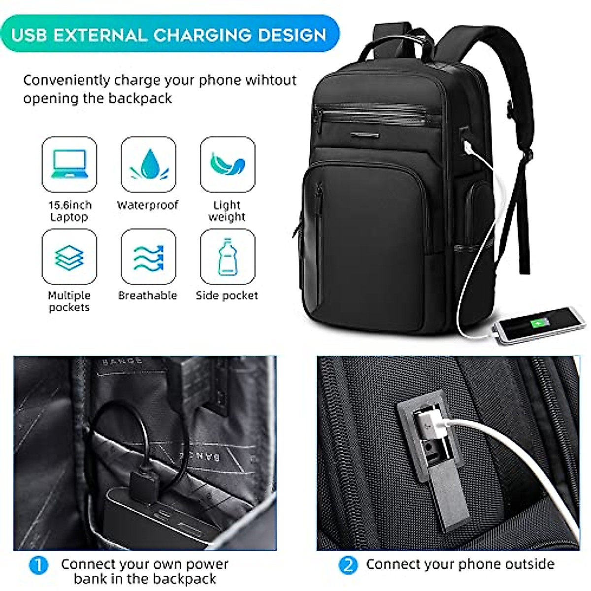 BANGE Travel Backpack, Business Durable Laptops Backpack with USB Charging Port, Computer Backpack for Men & Women Fits 15.6 Inch Notebook