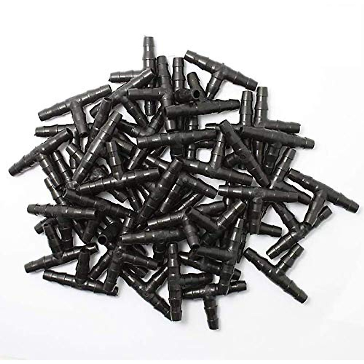 Kalolary 100pcs 1/4" Universal Barbed Tee Fittings, Barbed Connectors Drip Irrigation for 4mm/7mm Water Tube Drip Irrigation Watering System