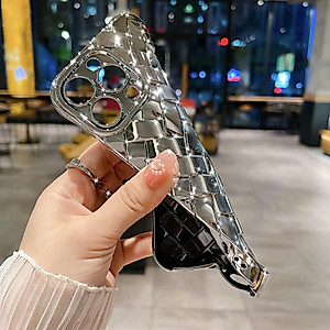 MGQILING Compatible with iPhone 13 Pro Max Case-6.7 Inch, Fashion 3D Woven Pattern Plating Phone Case, Grid Printed case for Women Girls Soft Silicone Shockproof Camera Protective Back Cover-Silver