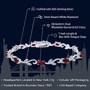 Gem Stone King 925 Sterling Silver Red Rhodolite Garnet and Diamond Greek Vine Tennis Bracelet For Women (4.63 Cttw, Gemstone Birthstone, Oval 6X4MM, 7 Inch)