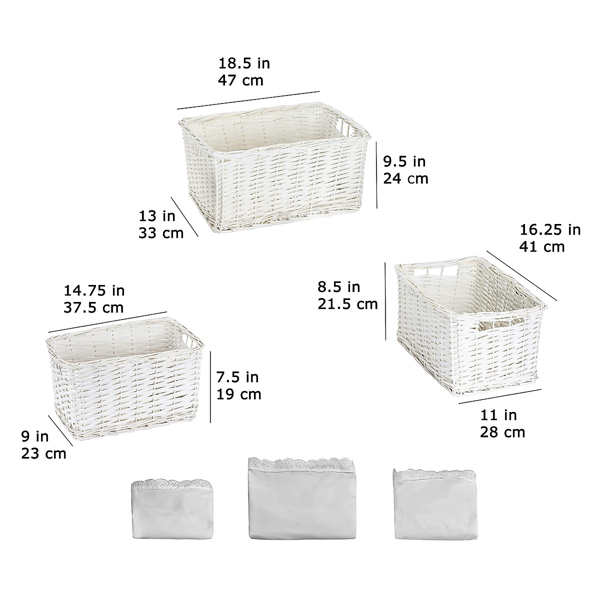 Badger Basket Nesting Wicker Nursery Baskets with Fabric Liner - Set of 3 - White