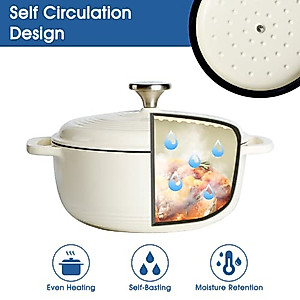 NUTRIUPS Enameled Cast Iron Dutch Oven Pot with Lid Heavy Duty Cast Iron Pot 3-Quart (Oyster White)