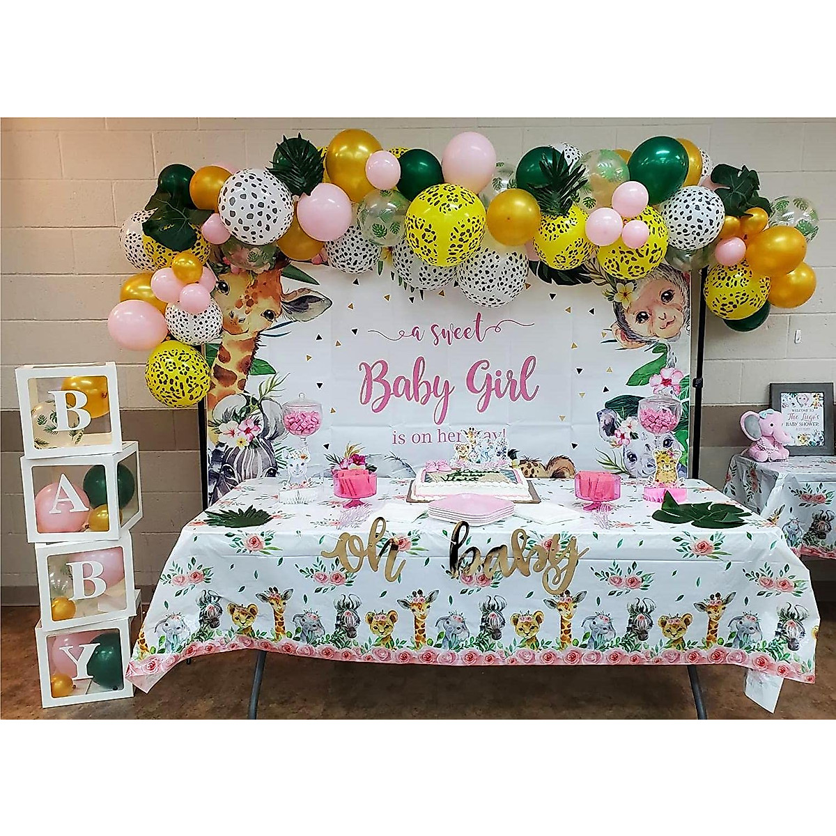 Mocsicka Girl Safari Baby Shower Backdrop 7x5ft Pink Safari Wild Animals A Sweet Baby Girl is On Her Way Baby Shower Party Decorations Floral Greenery Photography Background