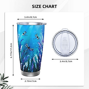 Purple flowers and cute dragonfly 20oz Tumbler Stainless Steel Vacuum Insulated Coffee Travel Mug, Durable Insulated Coffee Travel Mug with Splash-Proof Lid Metal Straw and Brush Thermal CupOutdoor