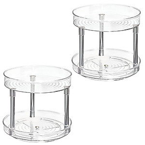 mDesign 2 Tier Lazy Susan Turntable Food Storage Container for Cabinets, Pantry, Fridge, Countertops - Raised Edge, Spinning Organizer for Spices, Condiments - 9" Round, 2 Pack - Clear/Chrome