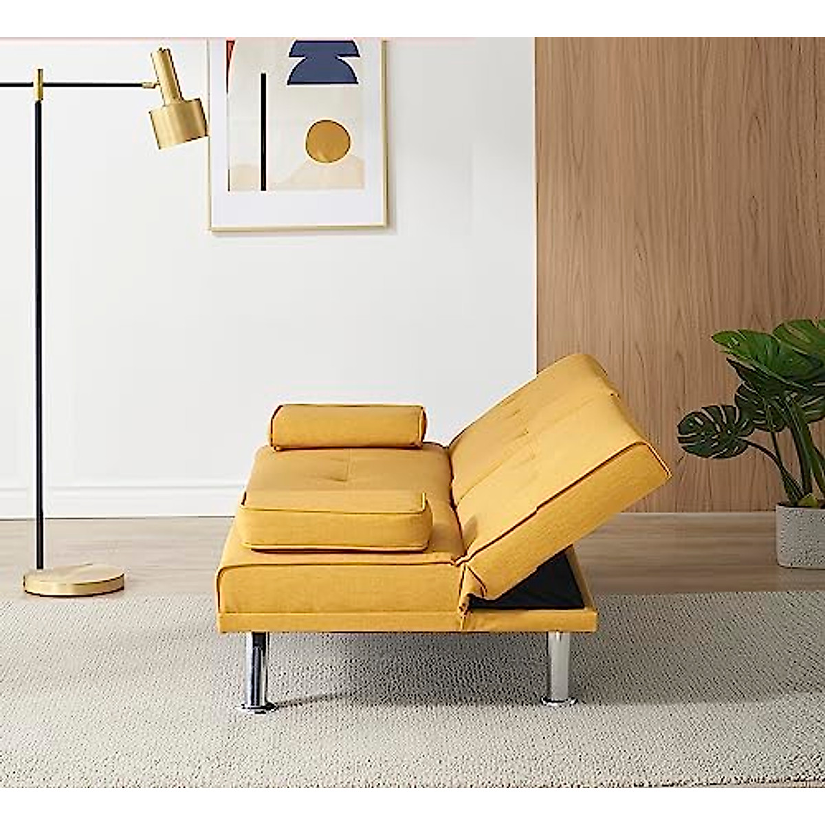 Anwick Modern Leather Futon Sofa Bed,Convertible Folding Couch Recliner Sleeper Loveseat for Small Space,Apartment,Office,Dorm,with Cup Holders and Removable Armrest (Yellow)