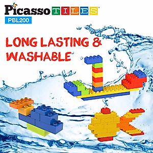 PicassoTiles 200 Piece Large Construction Brick Building Blocks STEM Bricks Toy Set Creative Learning Early Education Playset 5 Colors 4 Unique Shapes Mix & Match Toys for Kids Boys Girls Child Age 3+
