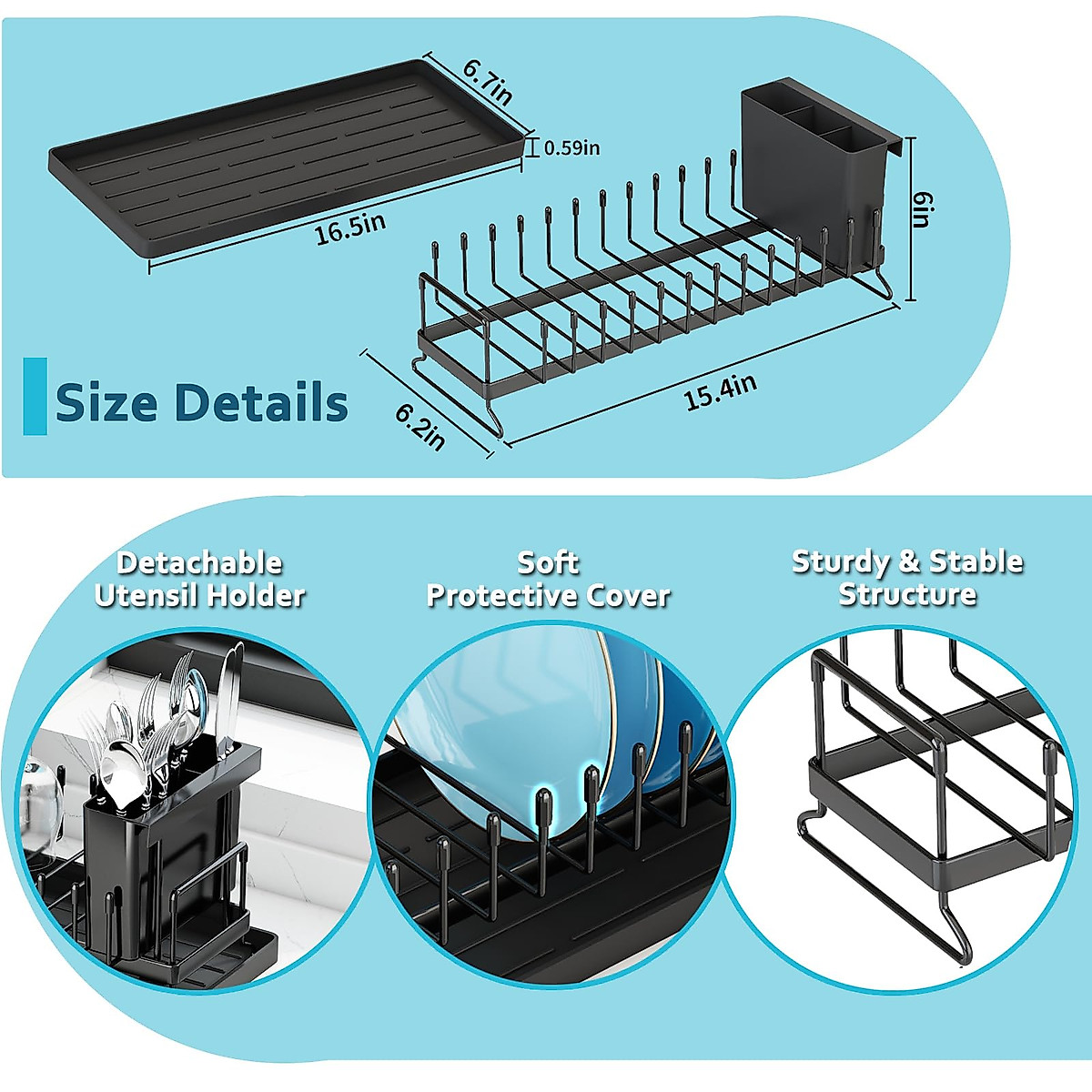 ANTOPY Small Dish Drying Rack - Compact Dish Rack for Kitchen Counter with Silicone Dish Drying Mat, Stainless Steel Dish Drainer for Kitchen Sink Cabinet, Space Saving Plate Rack Cutlery Holder