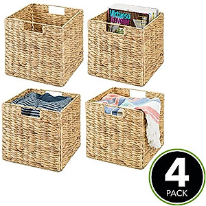 mDesign Natural Woven Hyacinth Cube Bin Basket Organizer with Handles, Storage for Bedroom, Home Office, Bathroom, Shelf and Cubby Organization, Hold Blankets, Magazines, Books, 4 Pack, Natural/Tan