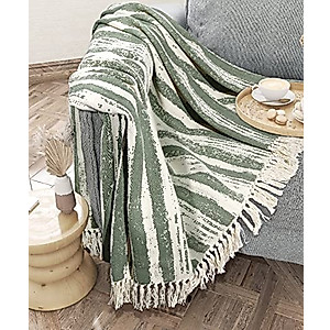 Godimerhea Green Throw Blanket Cotton White Boho Striped Decorative Blankets for Couch Sofa Bed, Soft Cozy Knit with Tassel, Rustic Shabby Chic, 50" x 60"