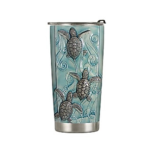 20oz Printed Ceramic Sea Turtle Tumbler, Beach, Ocean Gifts for Turtle Lovers, Coffee Thermos for Women, Men, Stainless Steel Double Wall Vacuum Insulated Coffee Mug, Travel Cup with Lid