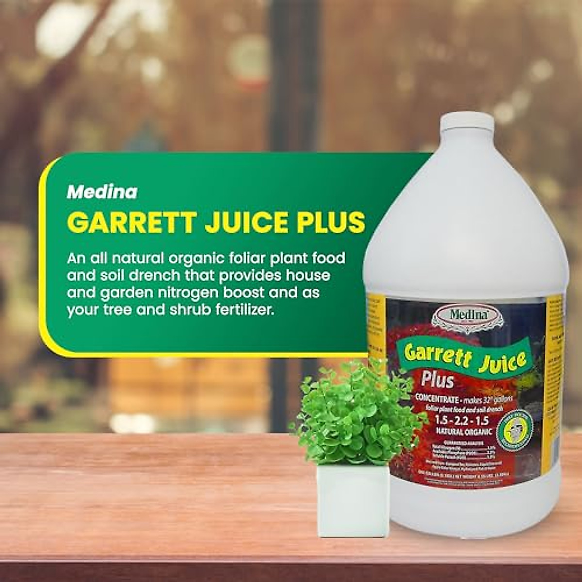 Medina Garrett Juice Plus -Liquid Plant Food & Fertilizer for Houseplants, Lawn, & Garden | Foliar Solution & Growth Enhancer, Ideal for Potted & Patio Plants | Nitrogen-Rich Liquid Fertilizer - 1 Gal