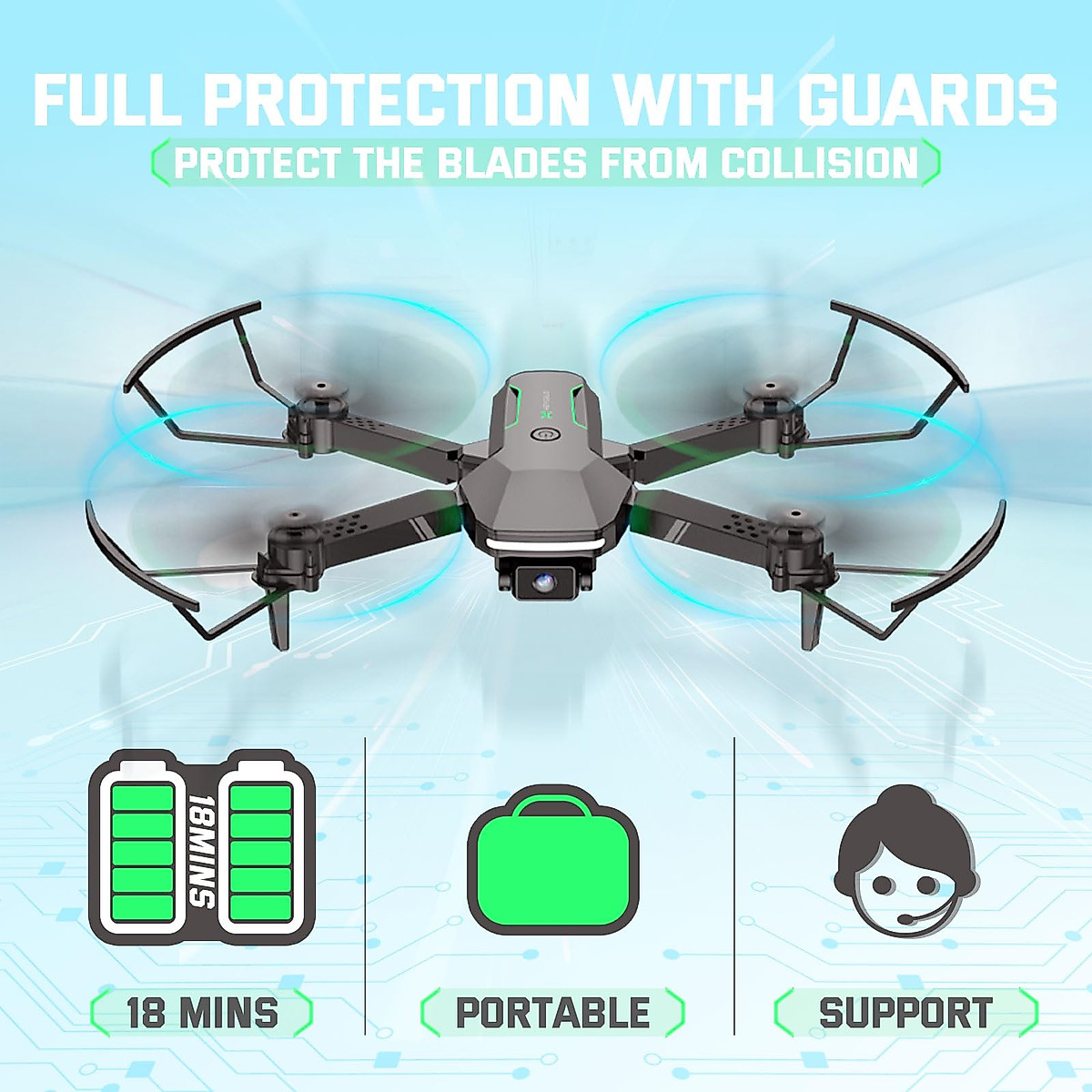 Heygelo S80 Drone with Camera for Adults, Foldable 1080P HD Mini Drones for Kids Beginners, Remote Control Helicopter Boys Toys/Gift with FPV Live Video, Full Guards, One Key Start, 2 Batteries